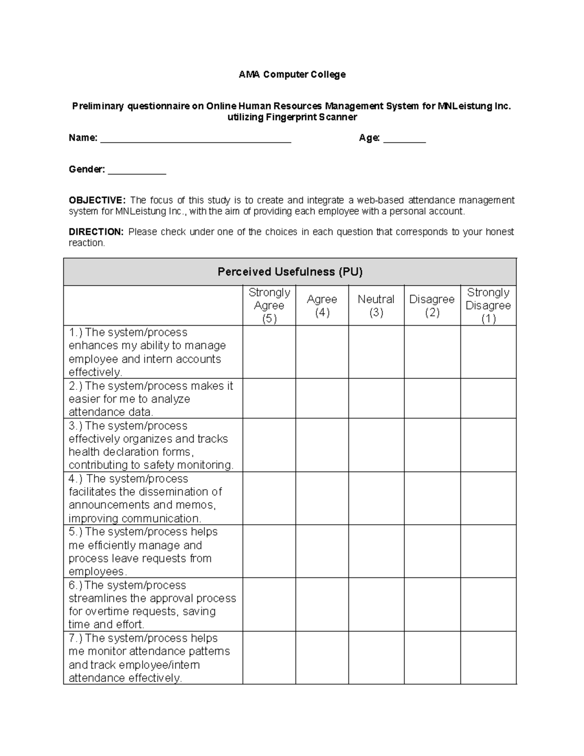 System Surveys s - AMA Computer College Preliminary questionnaire on ...