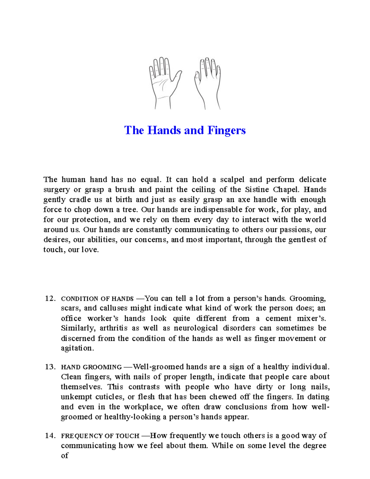 Hands and Fingers: Key Insights from the Body Language Dictionary - Studocu