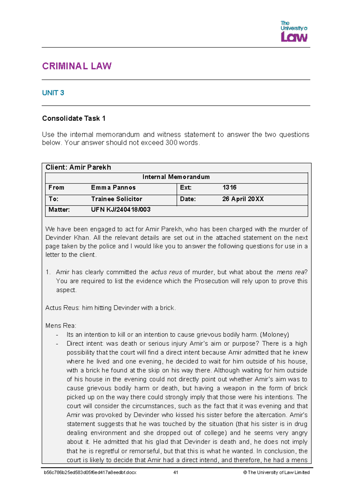 CRIMINAL LAW UNIT 3: Consolidated Task 1 Analysis on Mens Rea and Loss ...