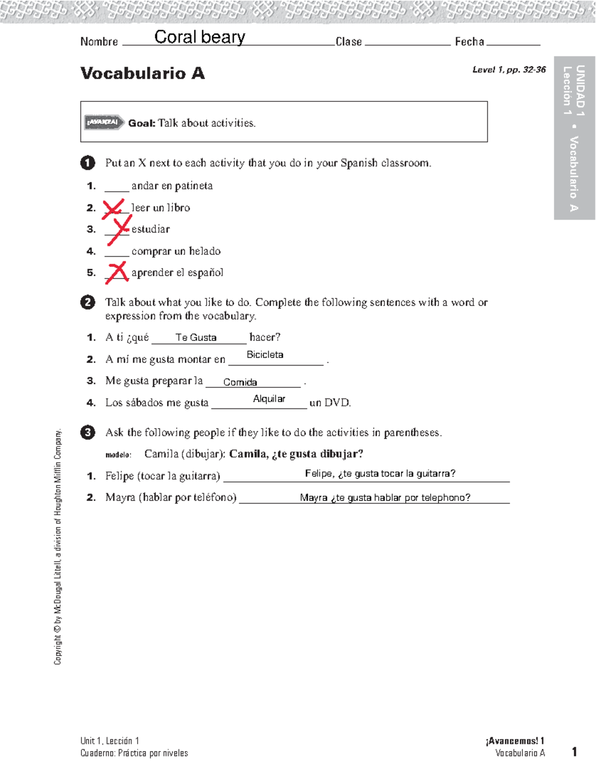 ¡Avancemos! 1 - Cuaderno: Práctica por Niveles (Lección 1) - Studocu