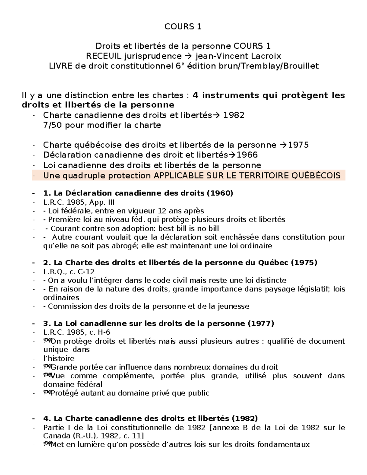 COURS 1 Droits et Libertés de la Personne : Jurisprudence et Charte ...