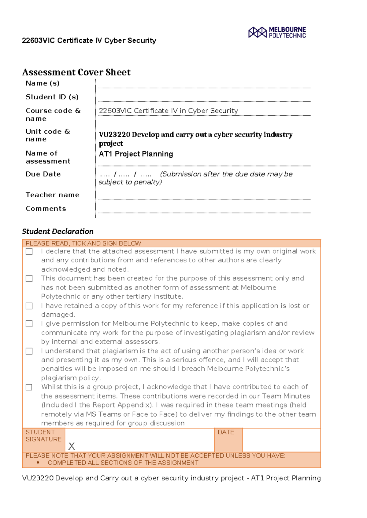 VU23220 AT1 Project Planning Guidelines for Cyber Security Project ...
