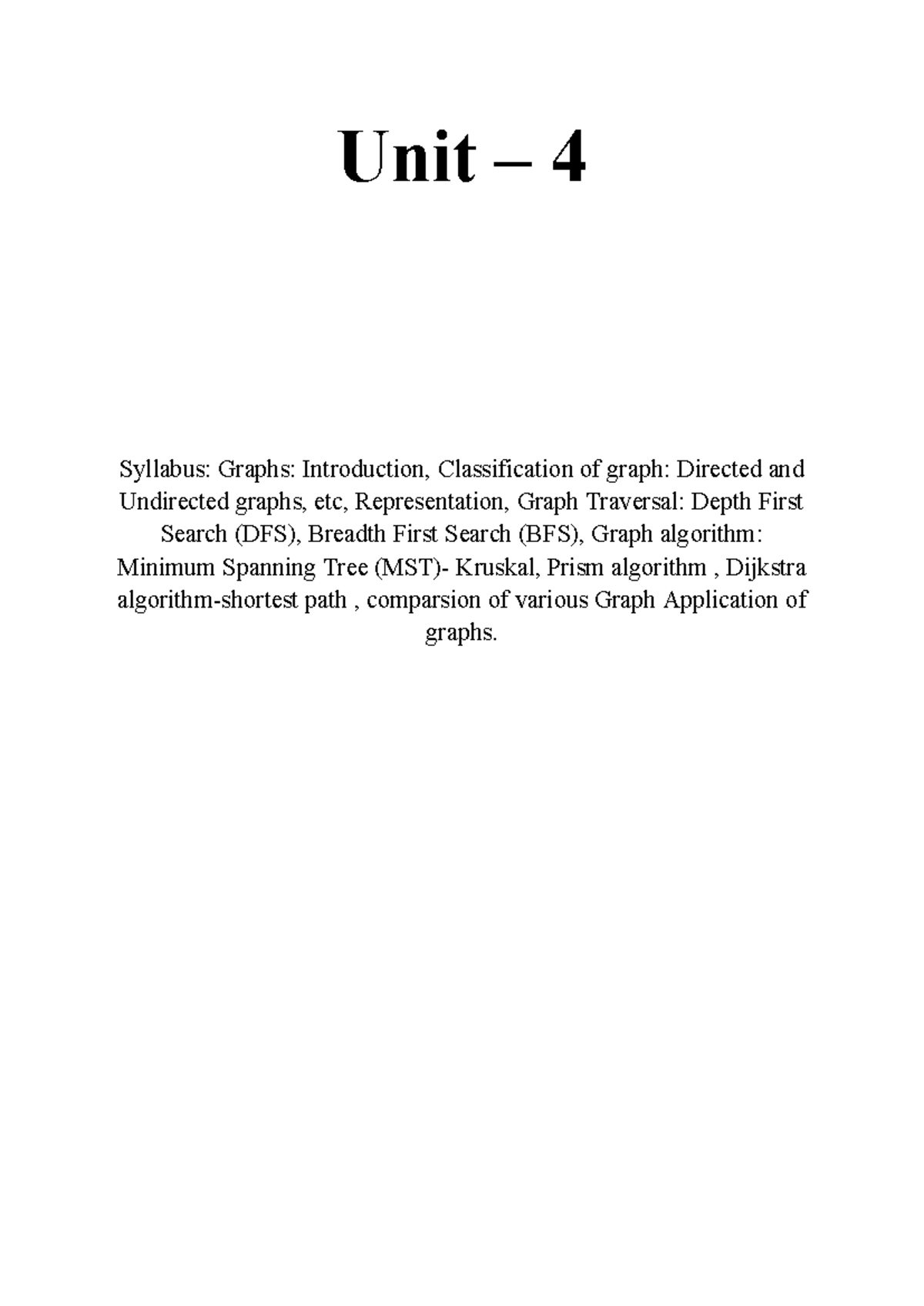 Unit 4 Syllabus: Introduction to Graphs and Their Applications - Studocu