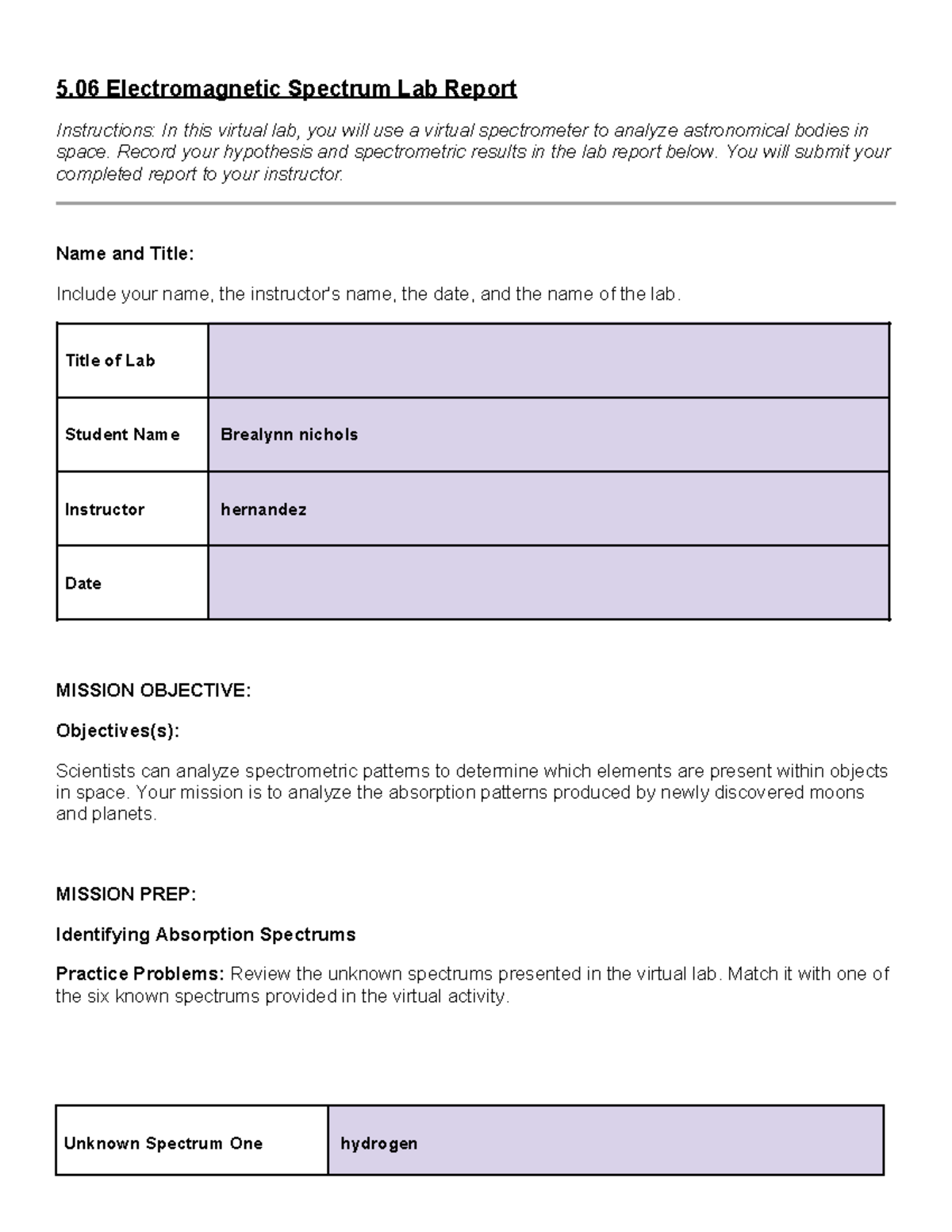 5.06 Electromagnetic Spectrum Lab Report: Analysis of Astronomical ...