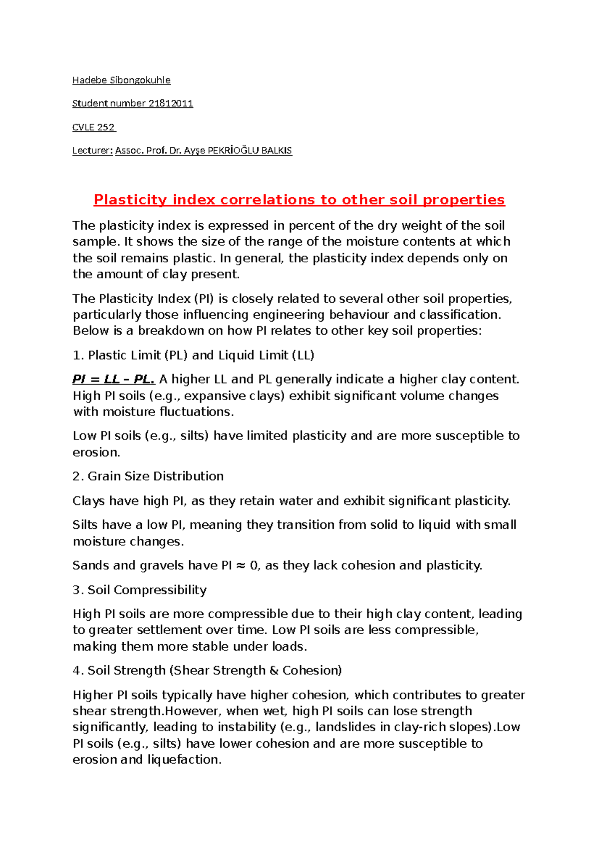 Plasticity Index Correlations to Soil Properties - CVLE 252 Report - Studocu
