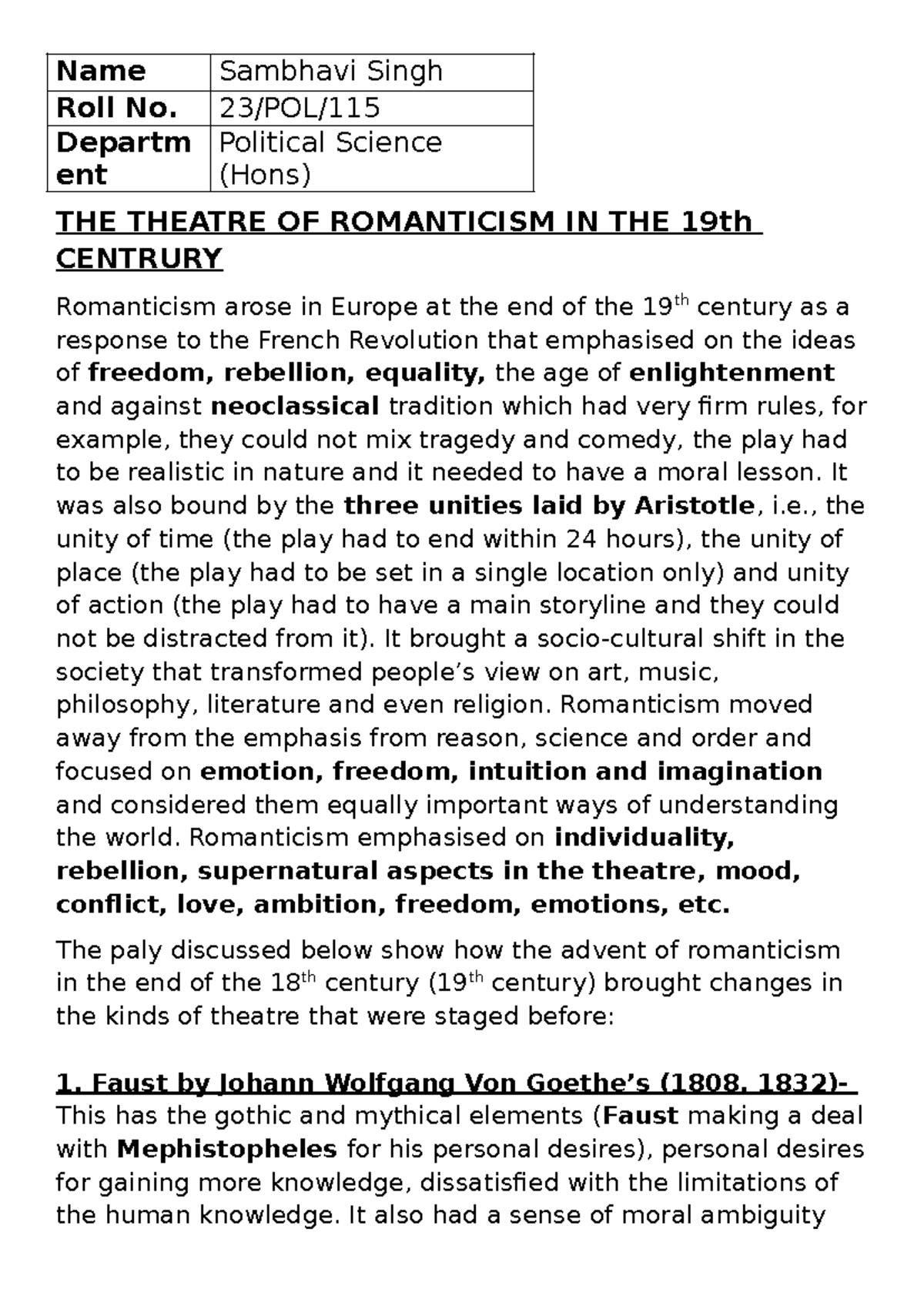 Political Science (Hons) Essay: The Theatre of Romanticism in the 19th ...
