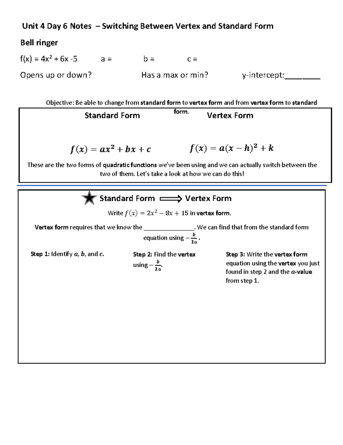 Unit 4 Day 6 Notes - Switching Between Vertex and Standard Form ...