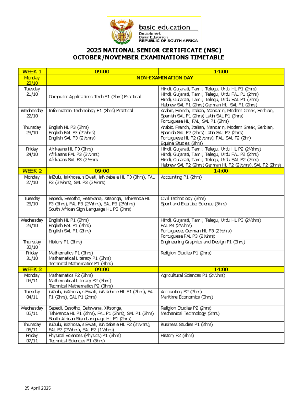 2025 NSC Examinations Timetable: Week 1 to Week 3 Schedule - Studocu