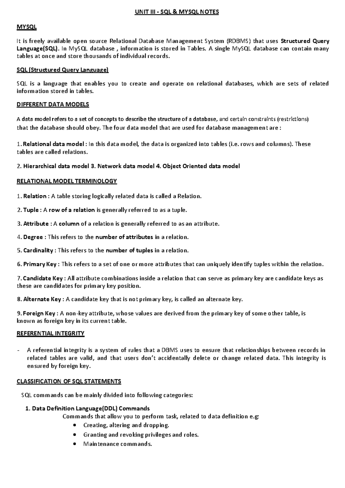 Class XII-UNIT III - SQL and My SQL Notes 0 - UNIT III - SQL & MYSQL ...