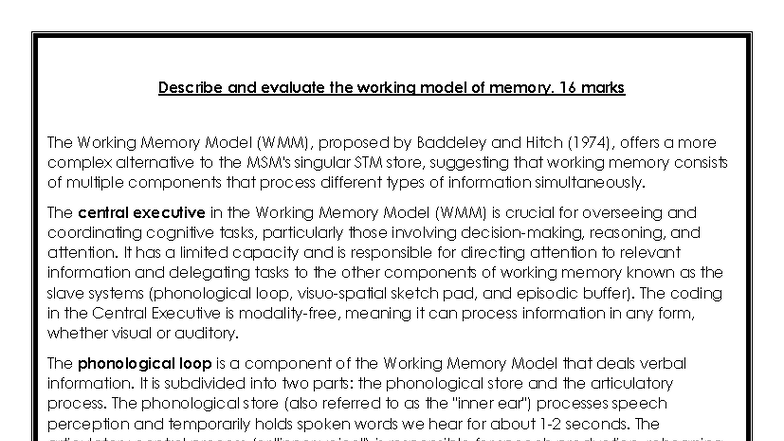 WMM Essay: Evaluating the Working Memory Model in Psychology - Studocu