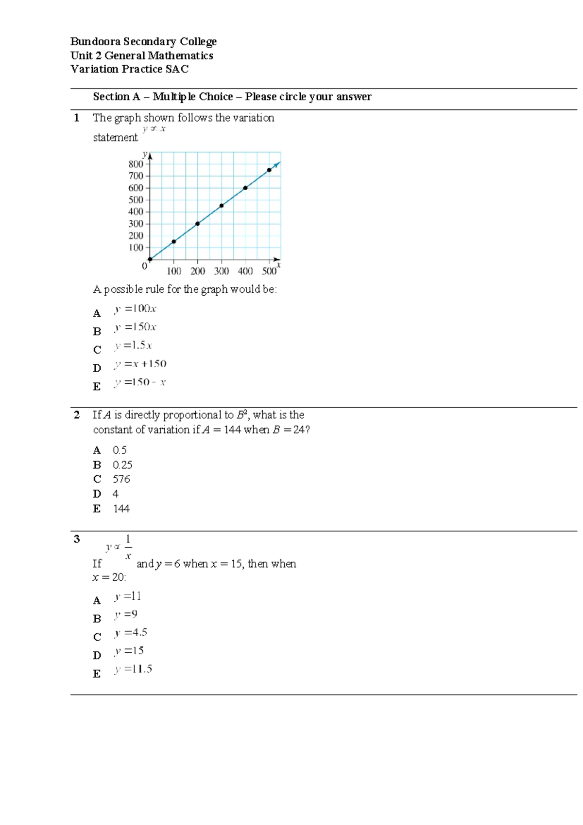 Unit 2 General Mathematics: Variation Practice SAC 6 Multiple Choice ...