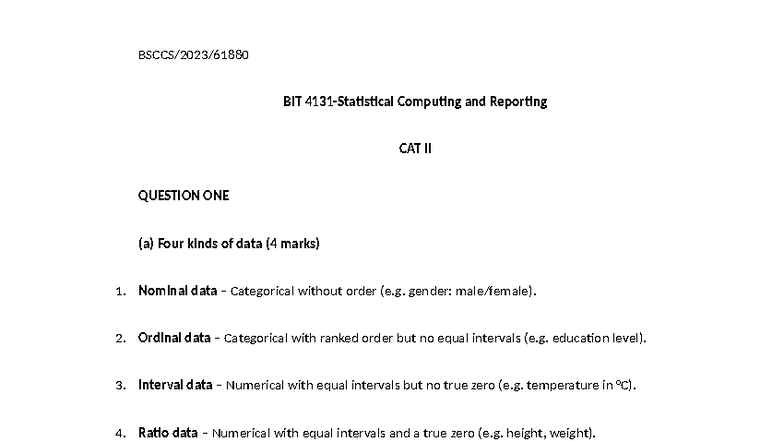 BIT 4131 Statistical Computing & Reporting CAT II Exam Notes - Studocu