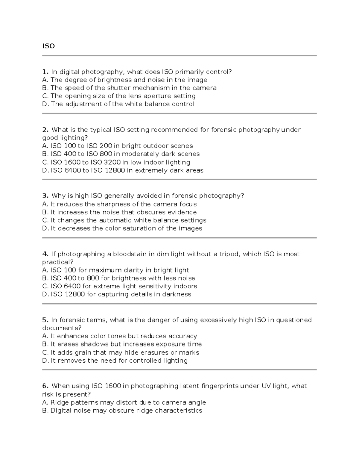 Exposure Triangle MCQs for Forensic Photography (ISO, Aperture, Shutter ...