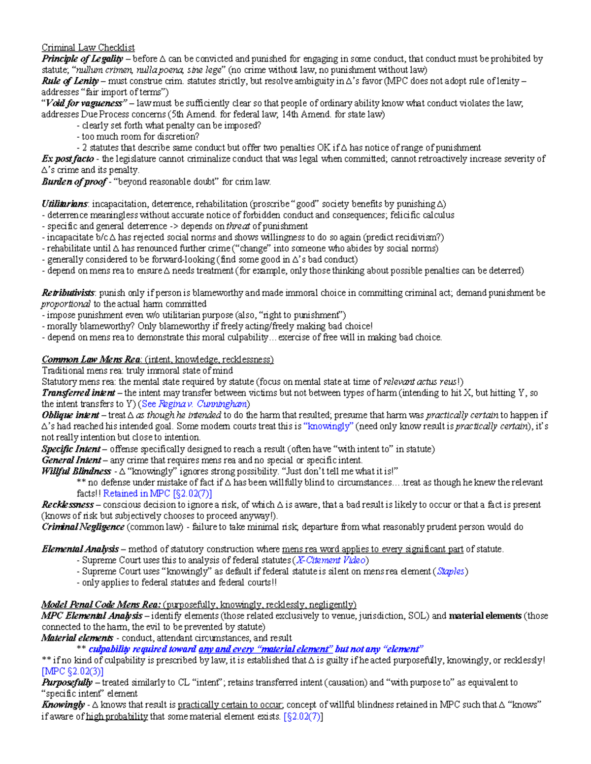 Criminal Law Checklist: Principles of Legality and Mens Rea Analysis ...