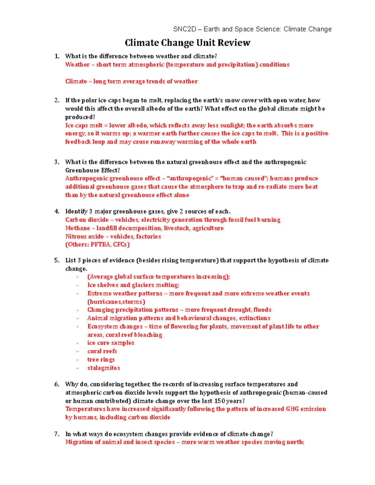 SNC2D Climate Change Final Exam Review Notes and Key Concepts - Studocu