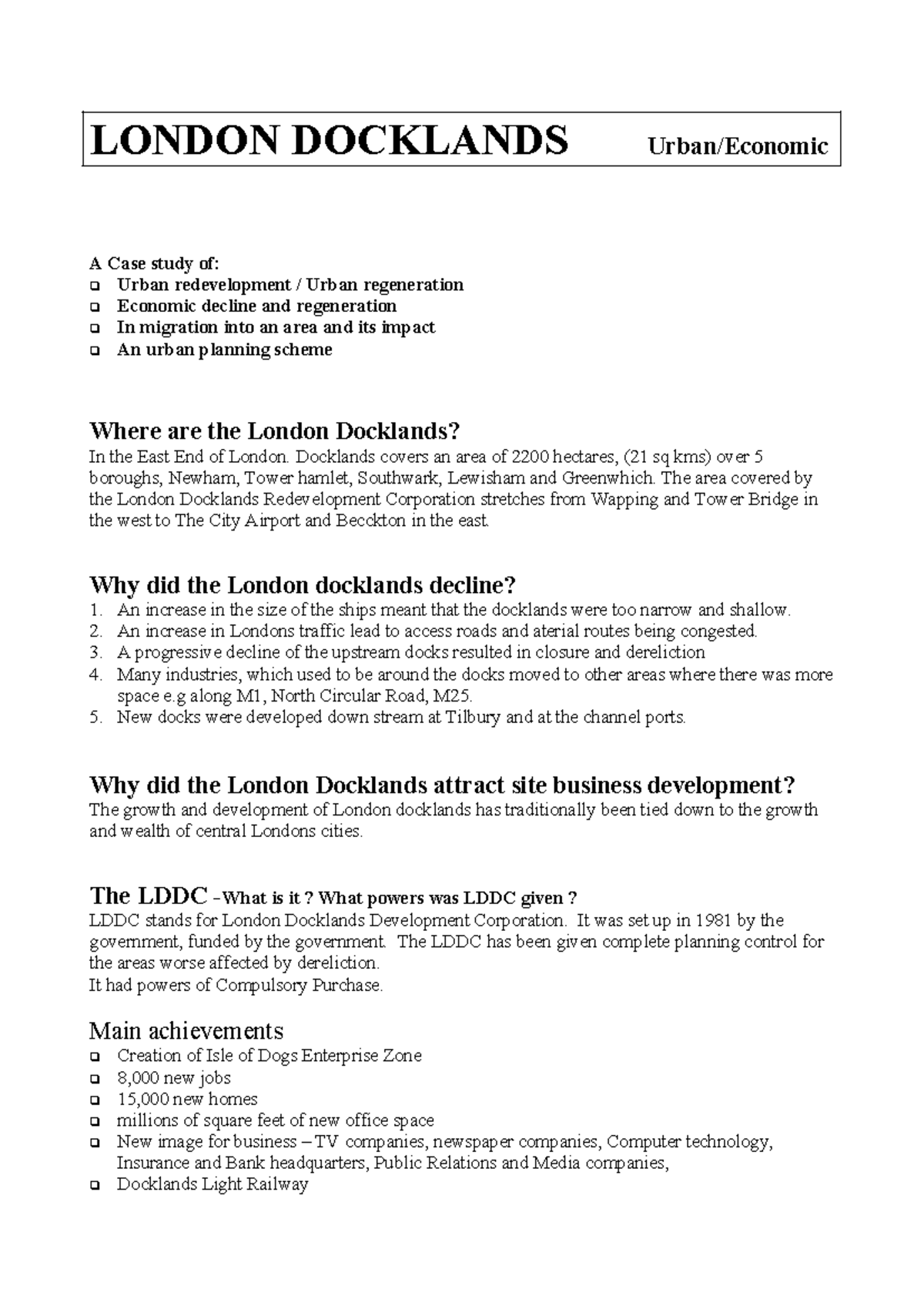 Economic Regeneration of London Docklands: A Case Study Analysis - Studocu