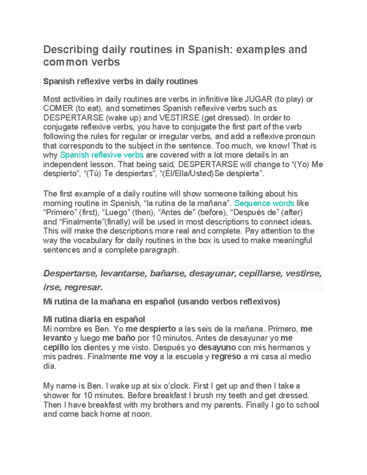 Describing Daily Routines in Spanish: A Study Guide on Verbs - Studocu