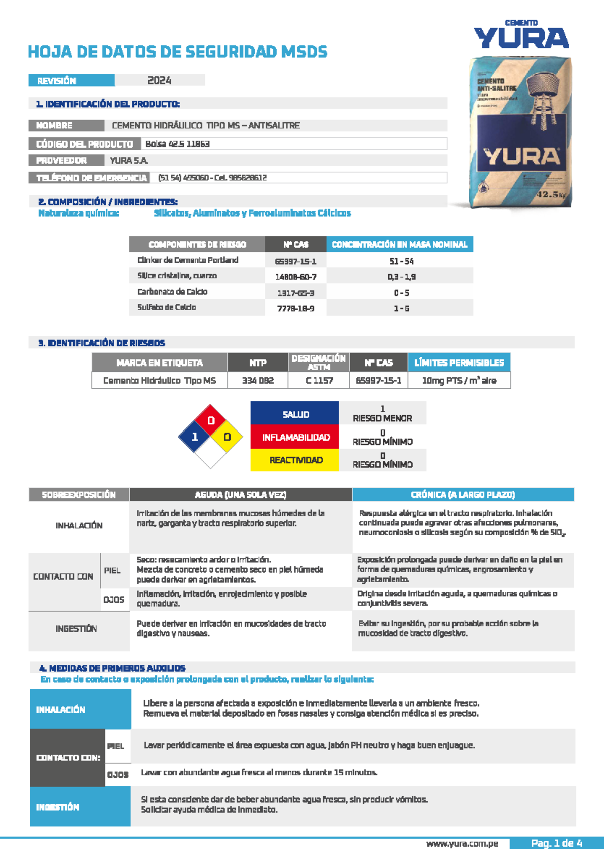 Hoja de Datos de Seguridad MSDS - Cemento Yura 42.5Kg - Studocu