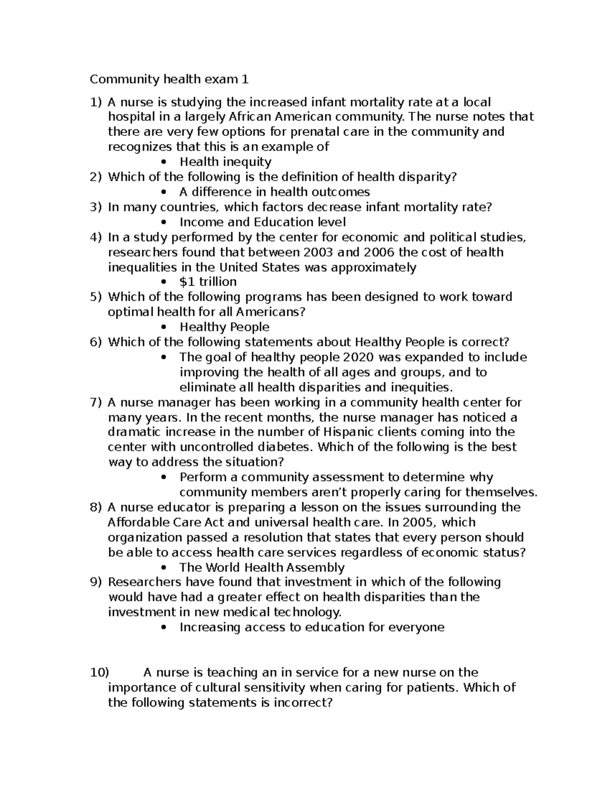 CH exam 1 word - studyguide - Chapter 1: Public Health and Nursing Practice MULTIPLE CHOICE The ...
