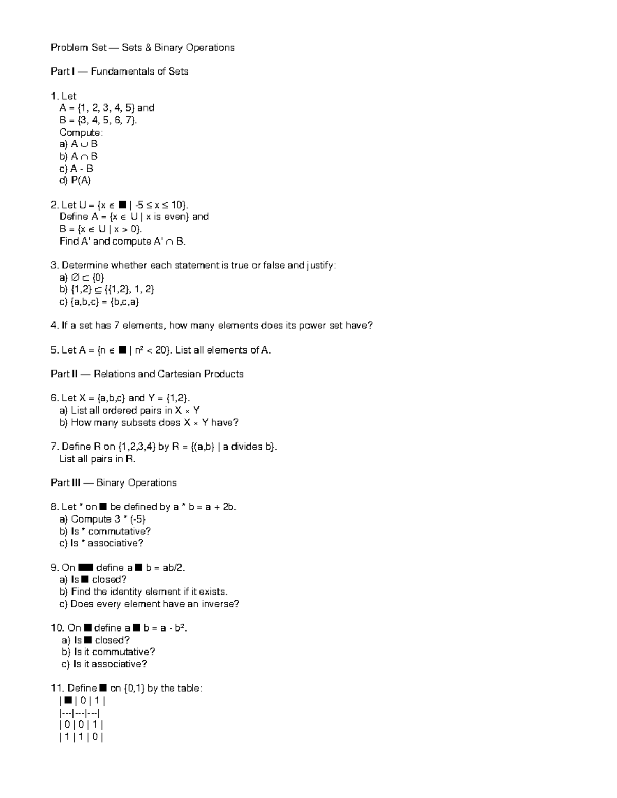 Problem Set: Binary Operations & Set Fundamentals (Part I) - Studocu