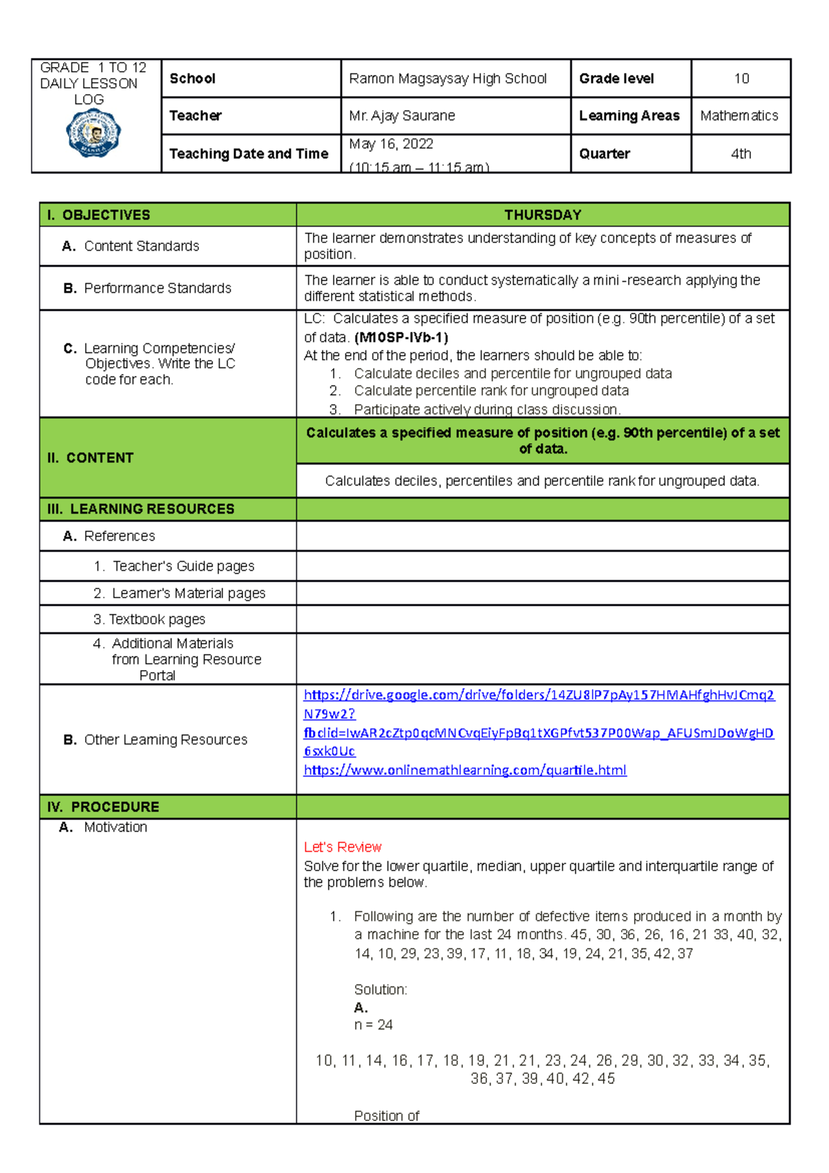 Calculating Deciles, Percentiles & Rank: Math Lesson M10SP-IVb-1 - Studocu