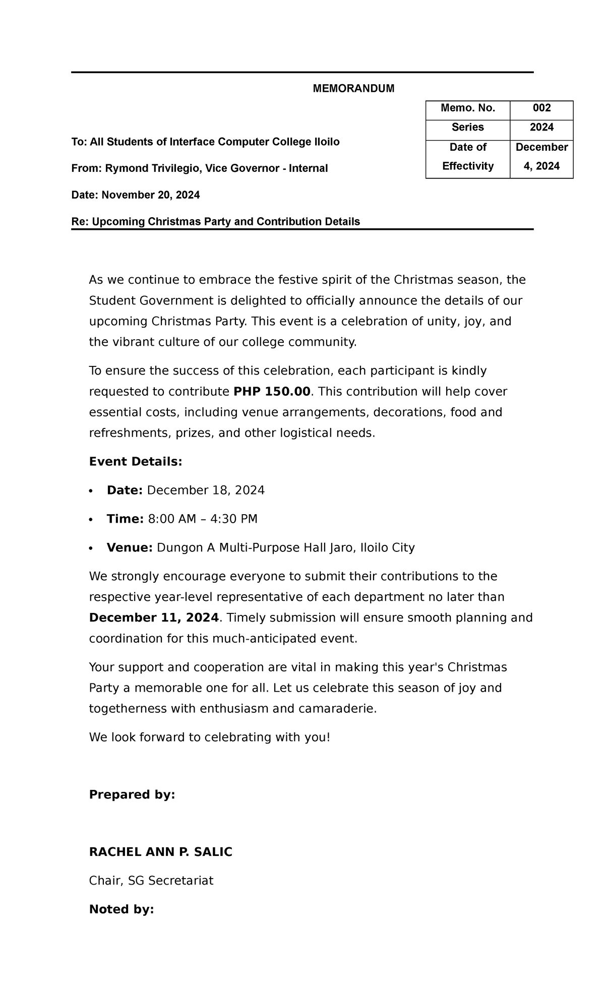 Memo - Student Government Sample Memorandum - MEMORANDUM To: All ...