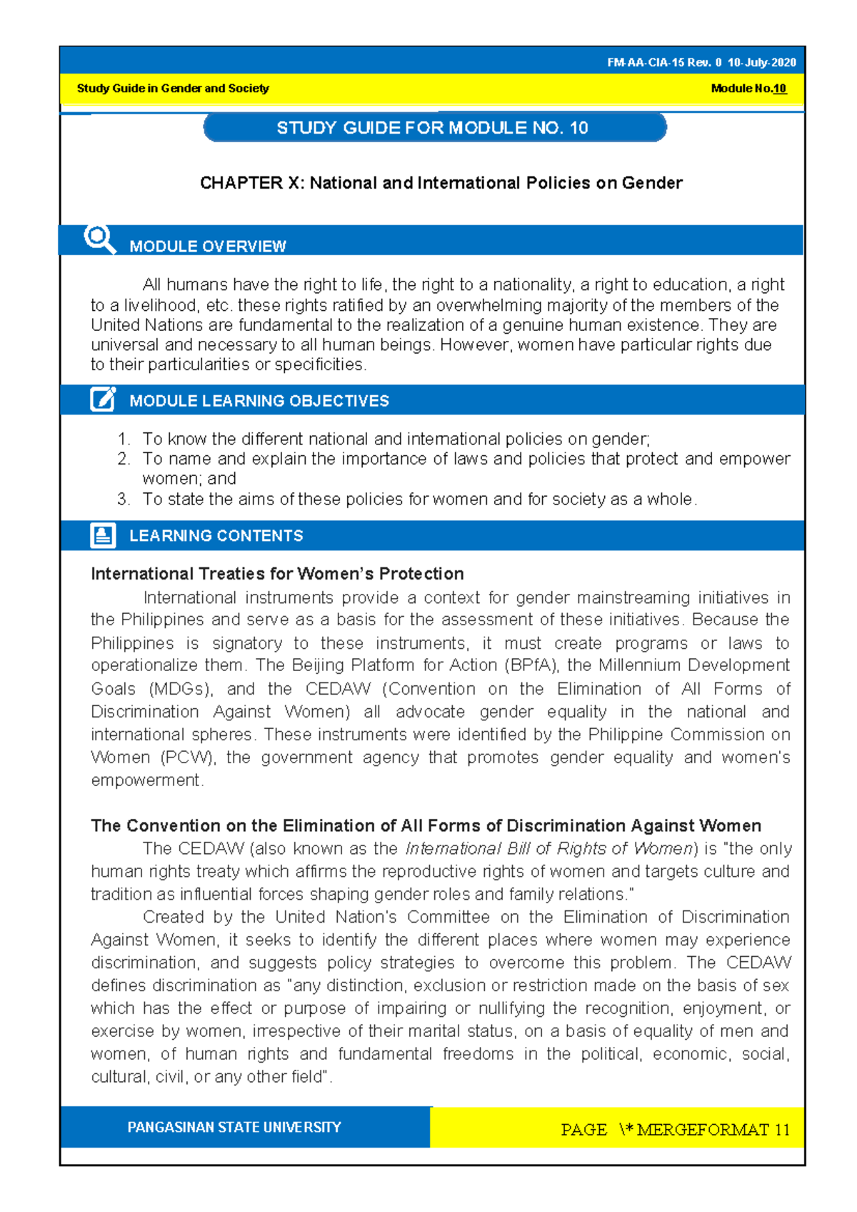 GEE2-Module 10 Study Guide: National & International Gender Policies ...