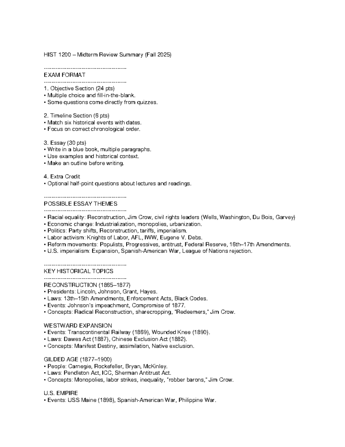 HIST 1200 Midterm Exam Review: Key Themes & Topics (Fall 2025) - Studocu