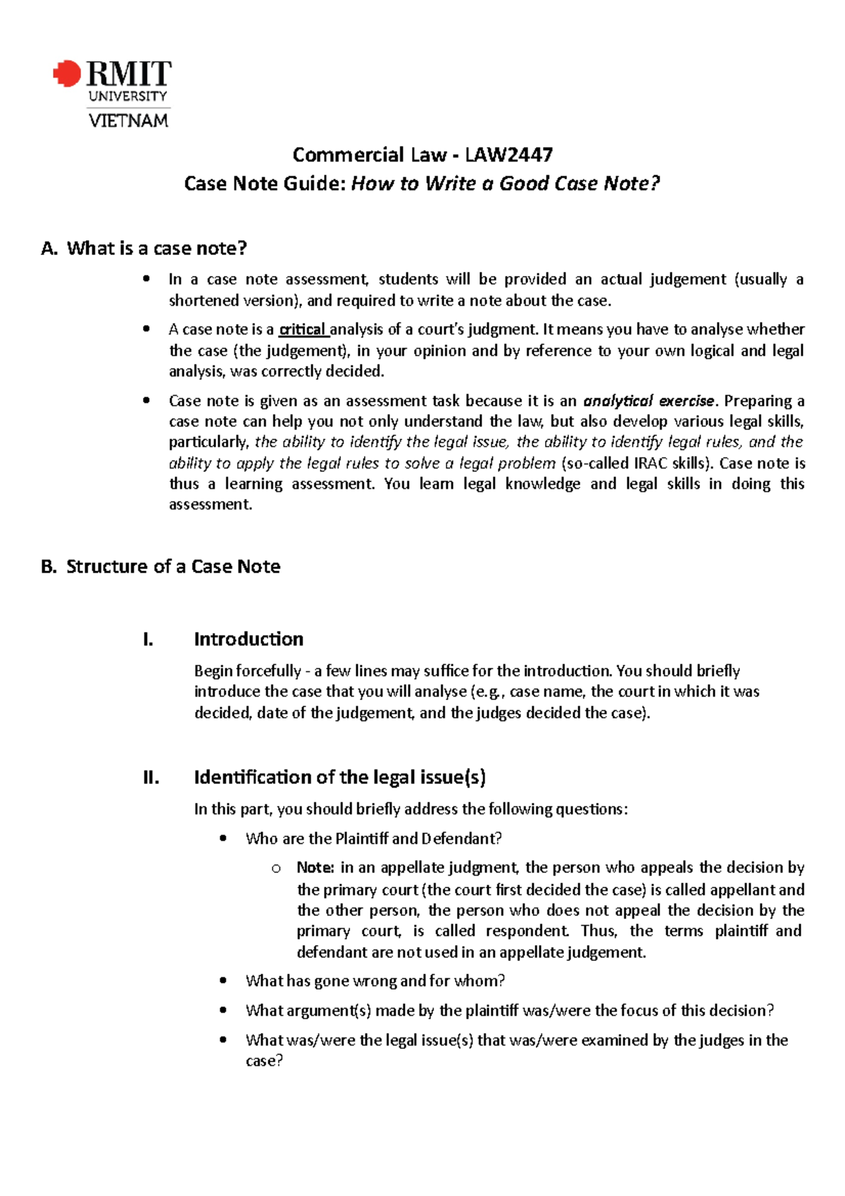 Case Note Guide - Nothing - Commercial Law - LAW Case Note Guide: How ...