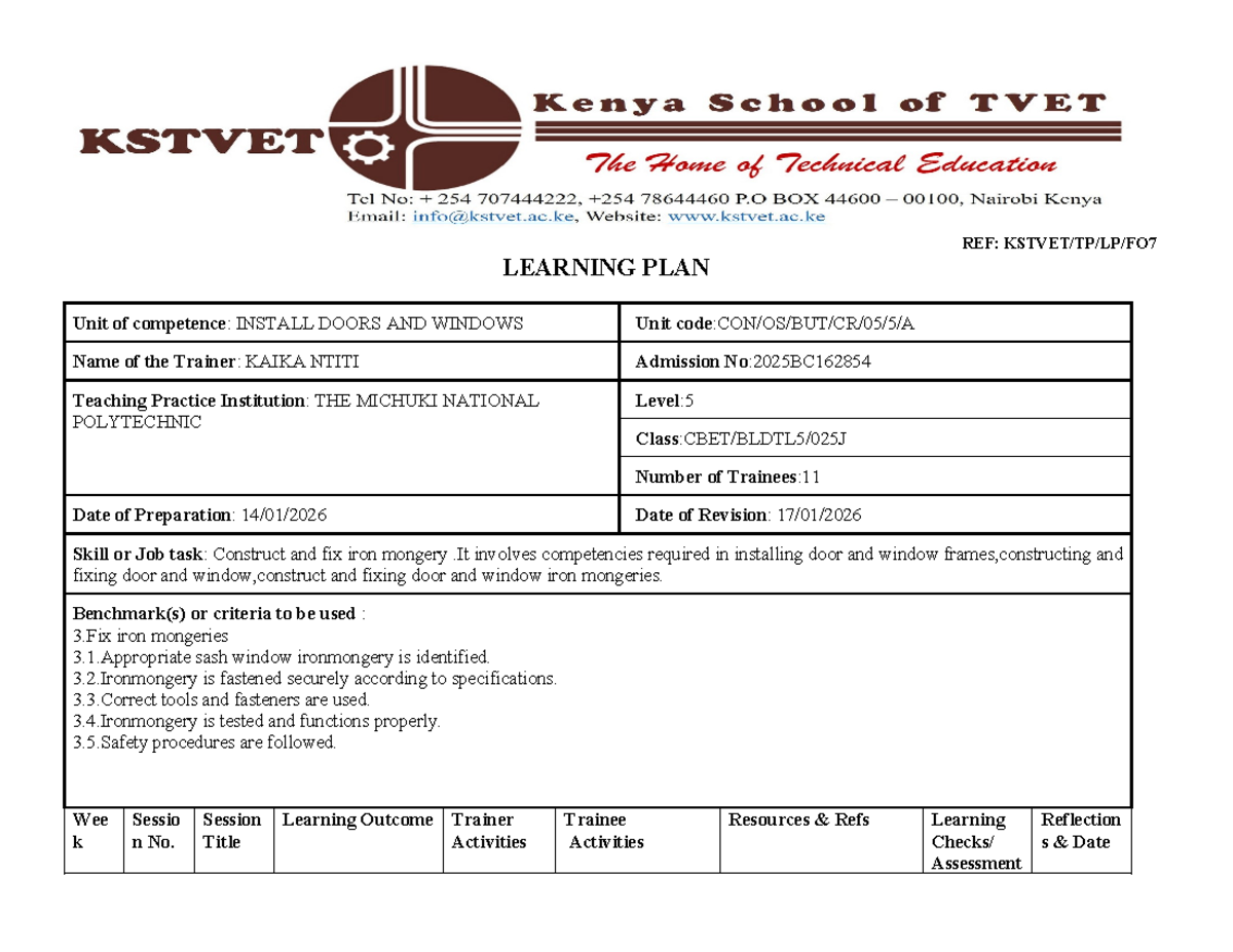 Learning Plan WK 11: Install Doors & Windows (Level 5) - Studocu