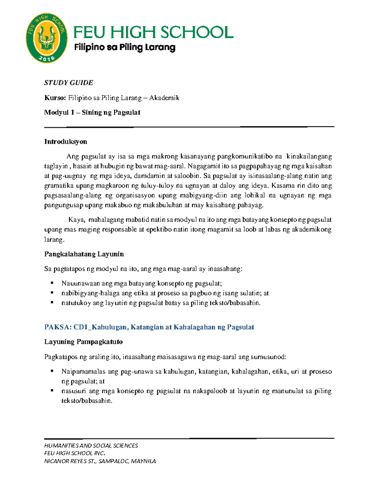 Modyul 1 Study Guide Sining ng Pagsulat 3 - HUMANITIES AND SOCIAL ...