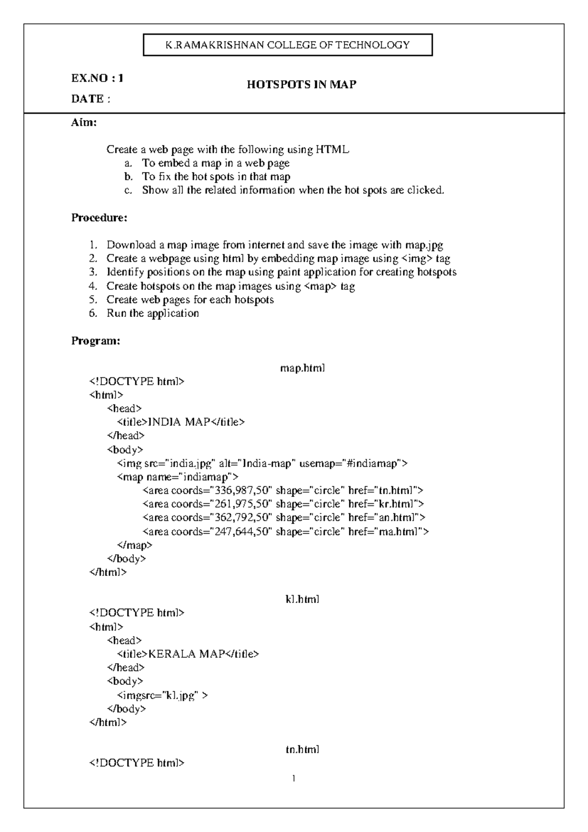 IP Lab Manual - null - EX : 1 DATE : Aim: Create a web page with the following using HTML a. To ...