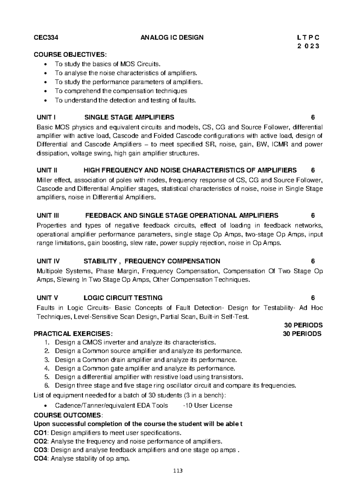 CEC334 - Analog IC Design Syllabus and Course Outline - Studocu