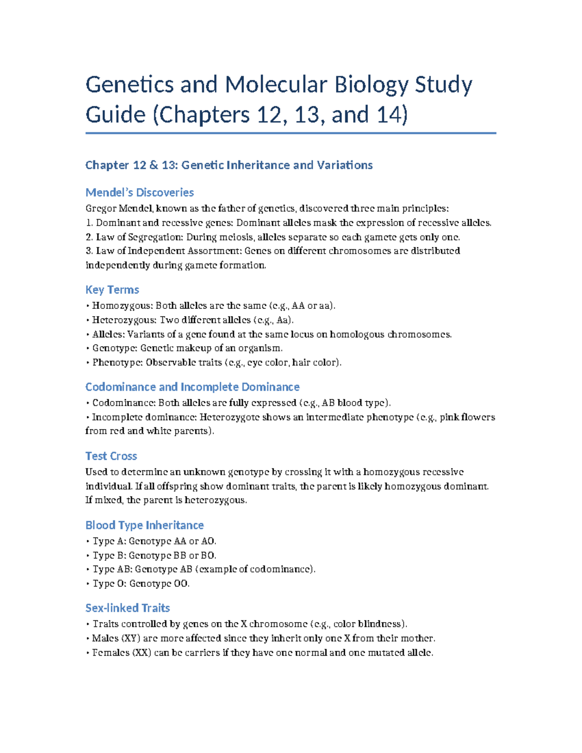 Genetics and Molecular Biology Study Guide (Chapters 12-14) - Studocu