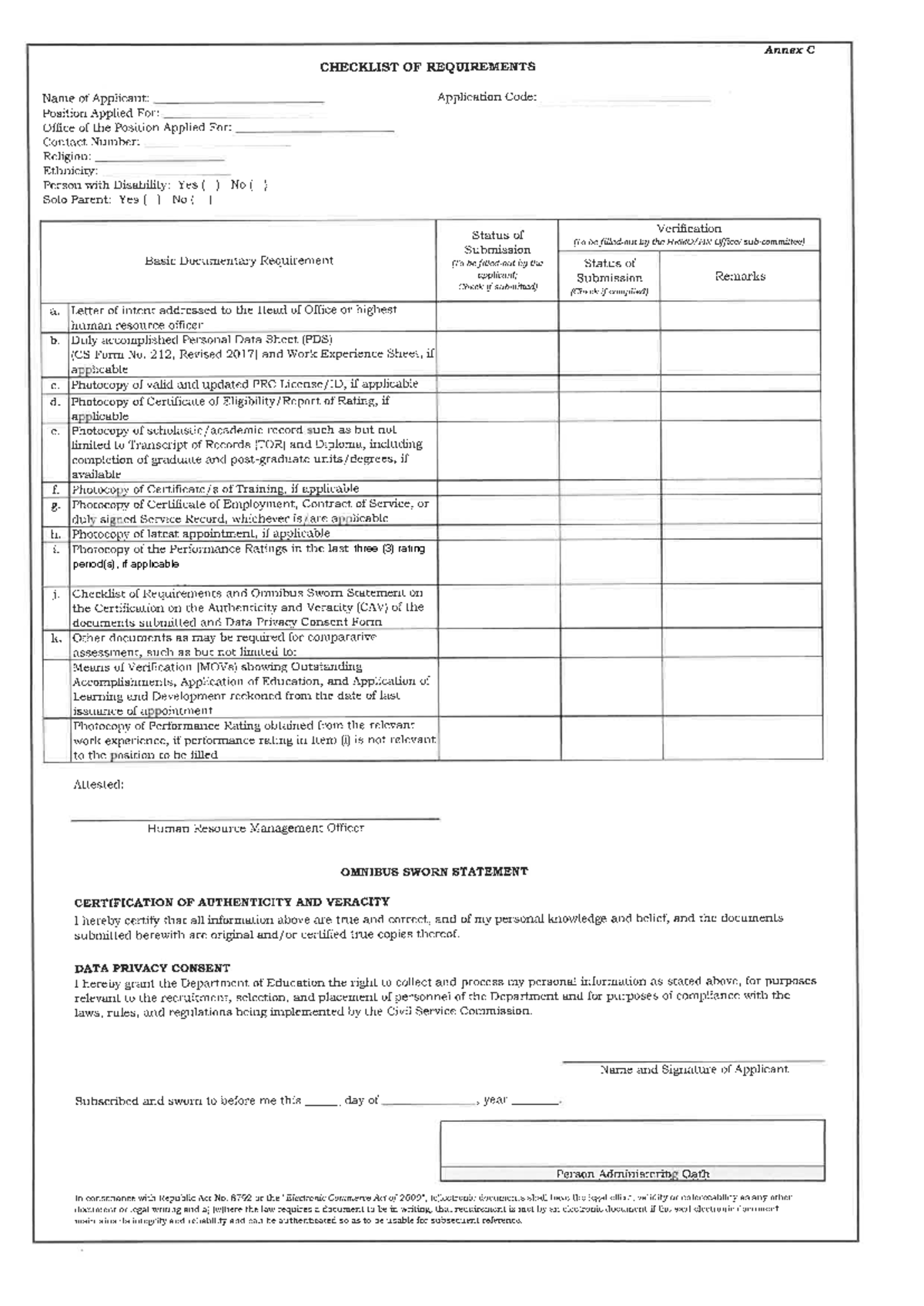 Annex C DO s2023 007-100: Teaching Application Checklist & Omnibus ...