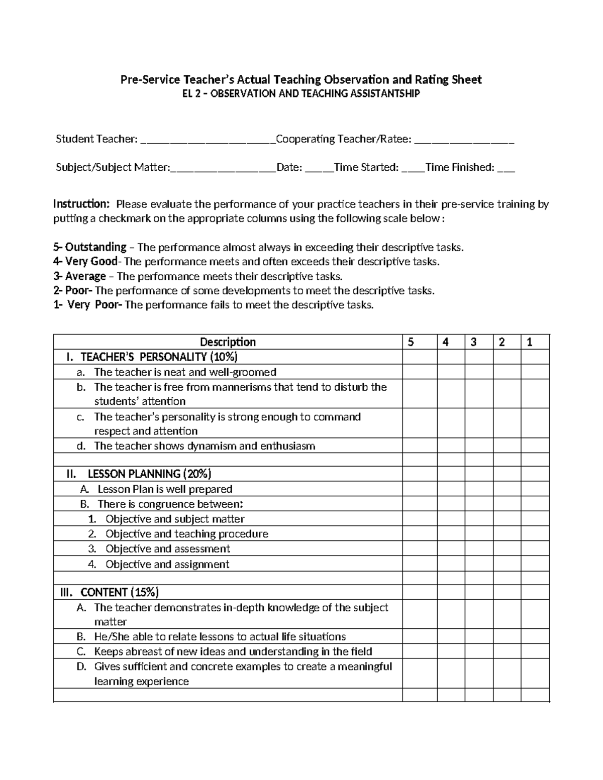 EL 2 Teaching Observation & Rating Sheet for Student Teachers - Studocu