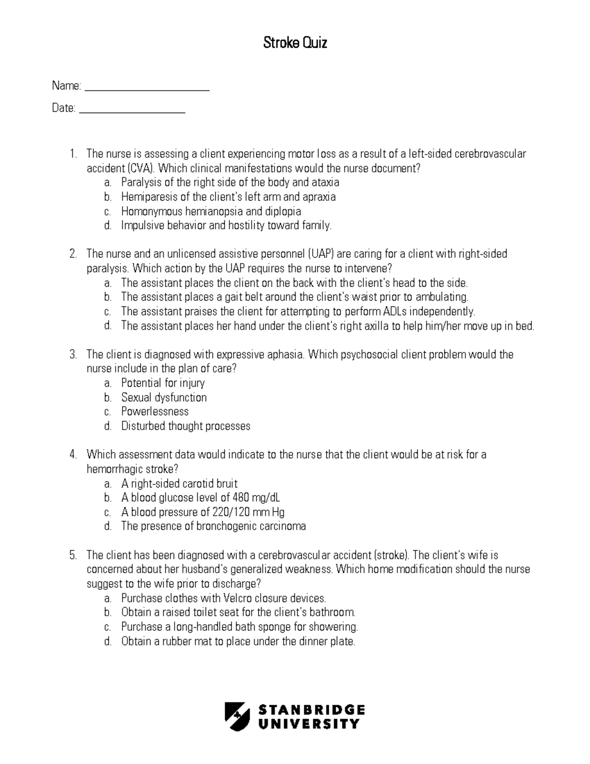 Stroke Quiz Practice Activity - Studocu