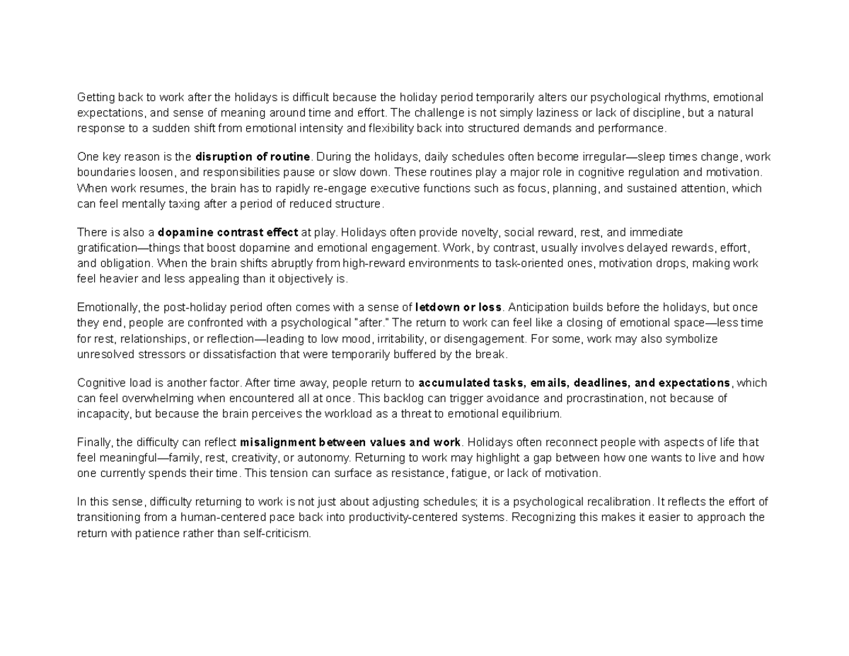 Psychological Challenges of Returning to Work After Holidays - Studocu