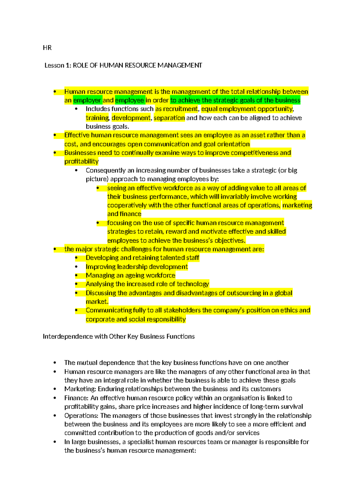 HR Lesson 1: The Role of HR Management in Business Strategy - Studocu