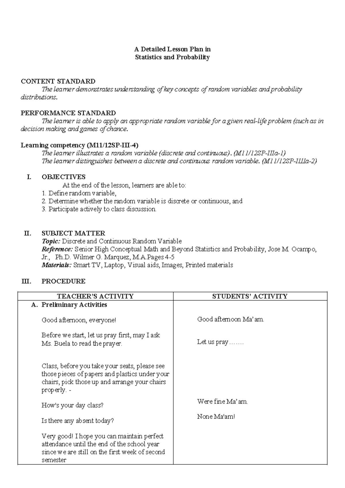 Detailed Lesson Plan: Discrete & Continuous Random Variables (Math 101 ...