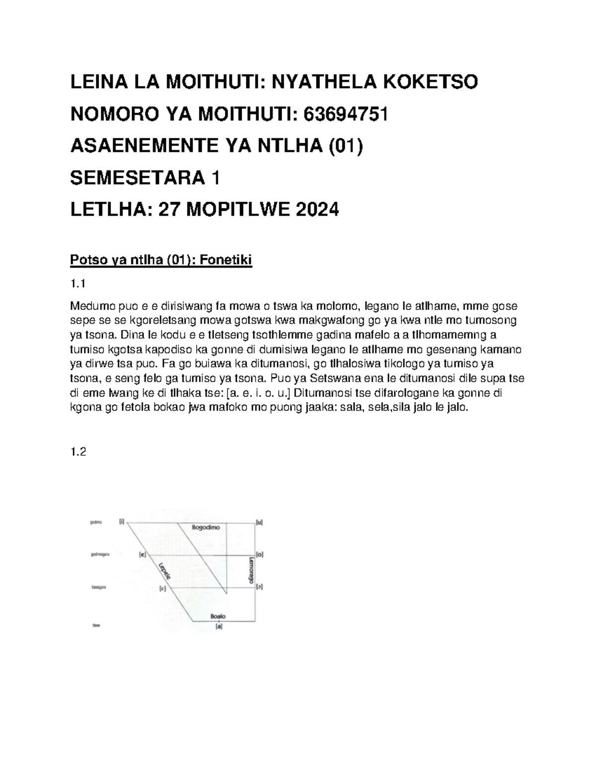 TSW1505 Assignment 1: Fonetiki le Fonoloji mo Setswana - Studocu