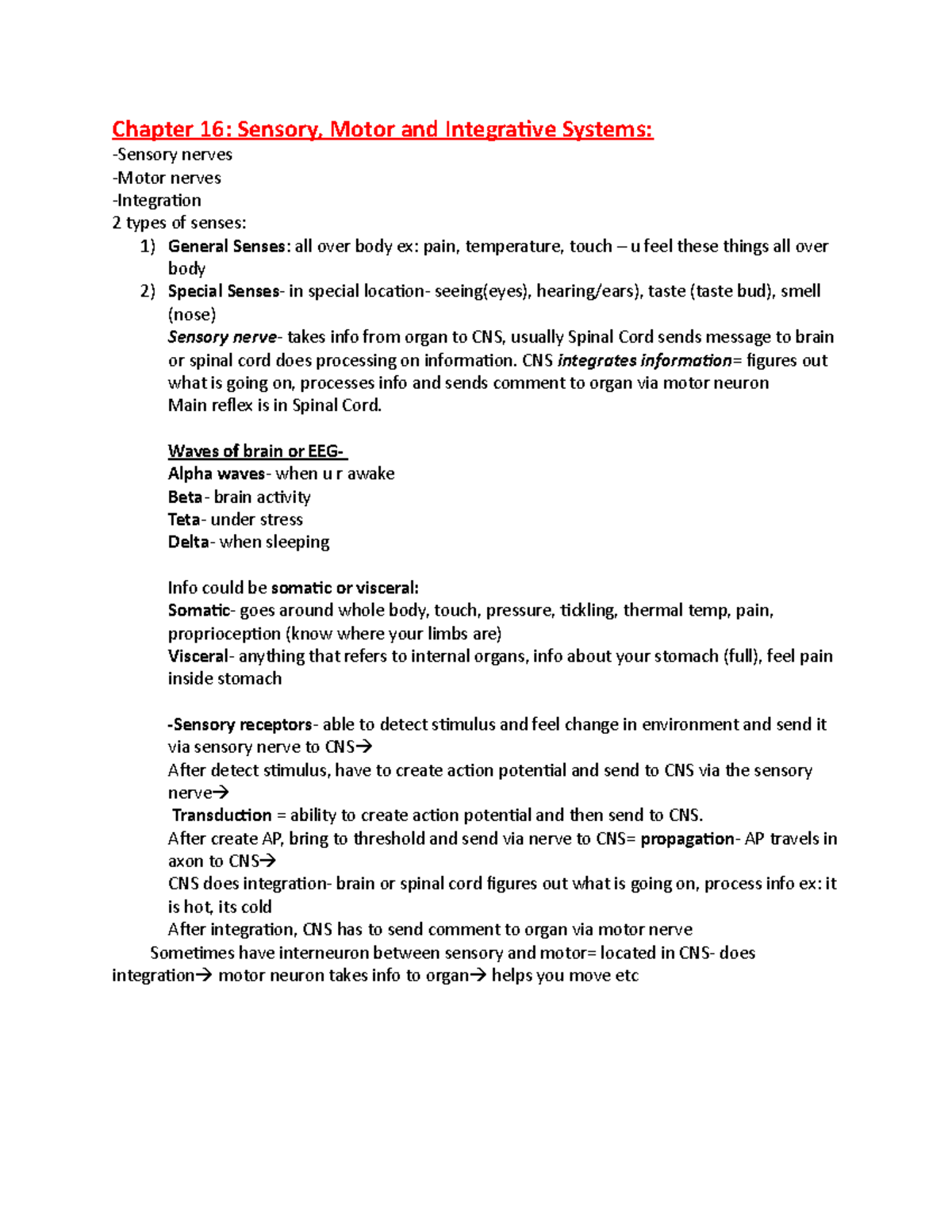 CHapter 16 A&P - Lecture notes Ch 16 - Chapter 16: Sensory, Motor and ...