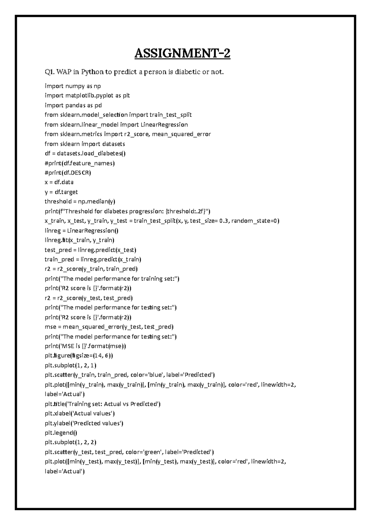 Assignment 2 - ASSIGNMENT- 2 Q1. WAP in Python to predict a person is ...
