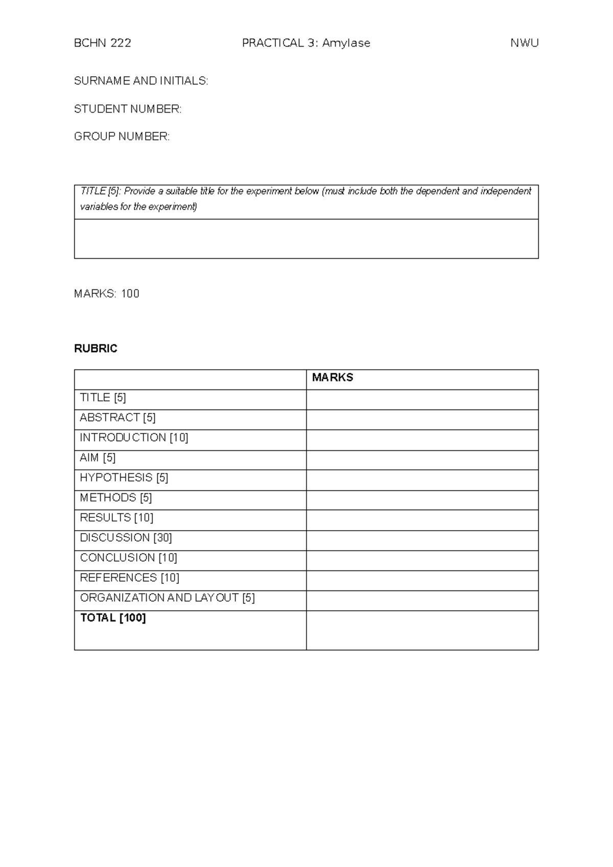 BCHN PRACTICAL 3: Amylase Experiment Report Guidelines - Studocu