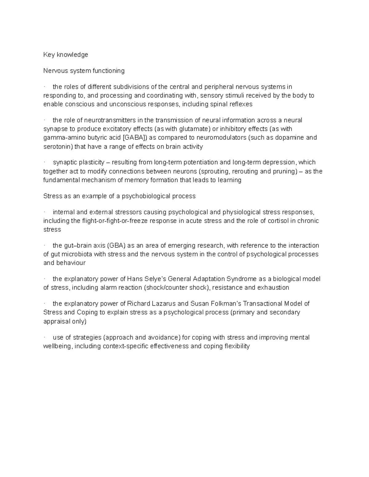 Psych Unit 3 AOS 1: Nervous System & Stress Responses Overview - Studocu