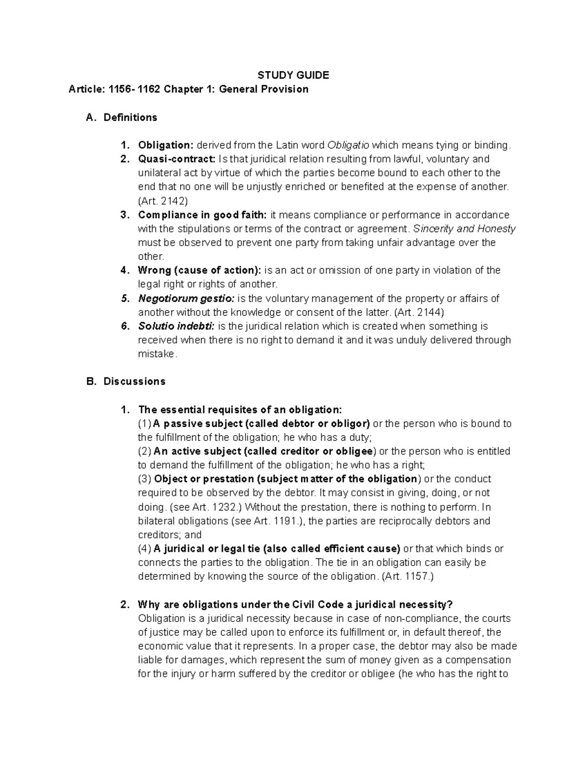 Oblicon Study Guide: Key Concepts & Definitions for Civil Obligations ...