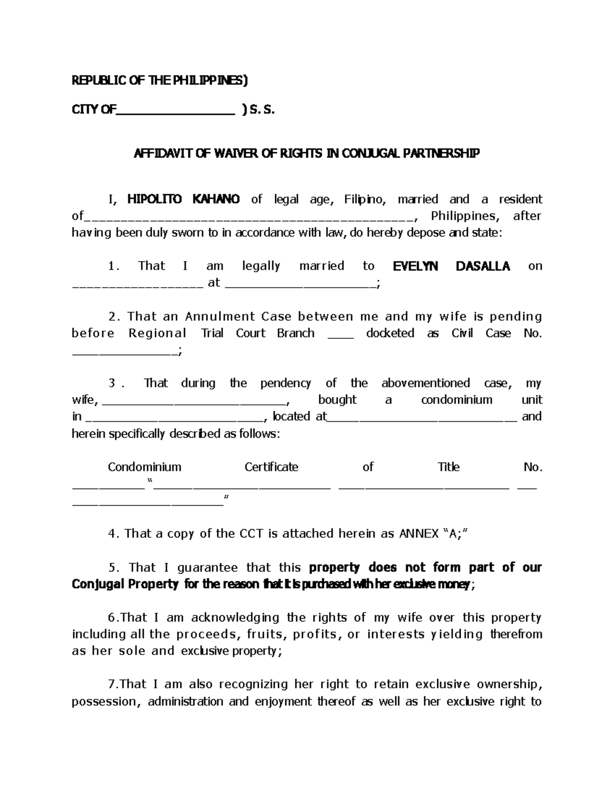 Affidavit of Waiver of Rights in Conjugal Partnership Documents - Studocu