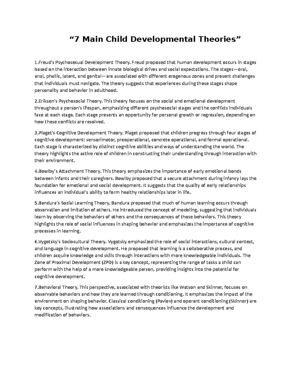 "Child Development Theories Overview: 7 Key Theories Explored" - Studocu