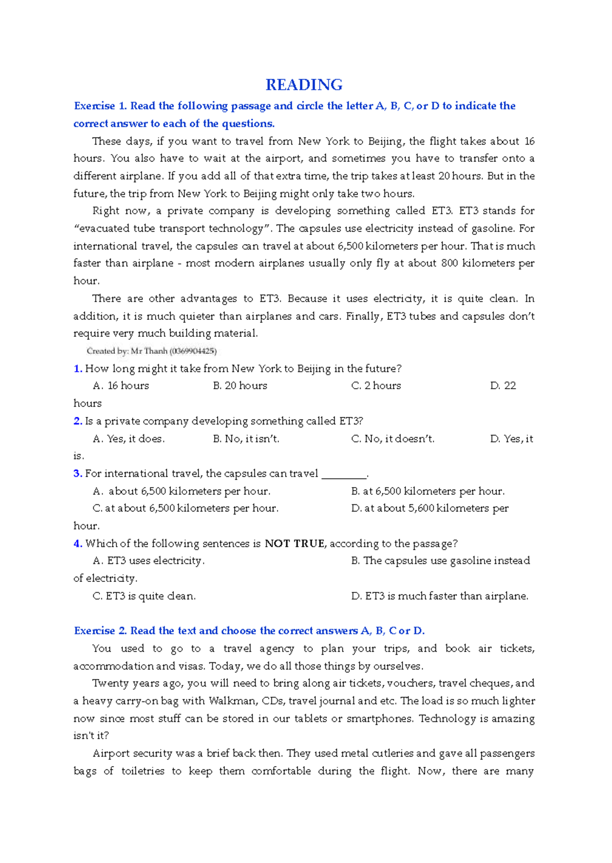 Reading Exercise: Future of Travel and Transport - Studocu