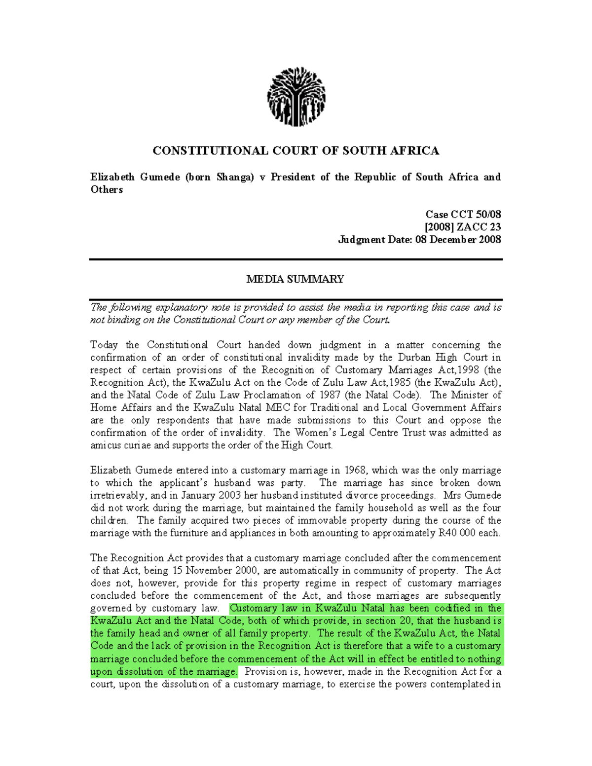 Gumede v President of RSA: Constitutional Case Analysis CCT 50/08 - Studocu